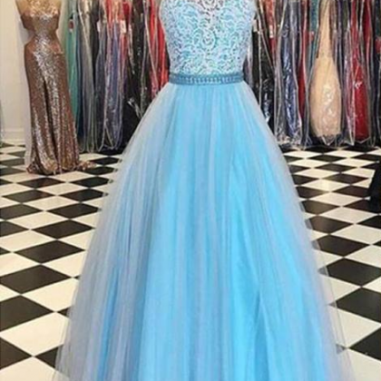 Prety Halter Long Lace Tulle Beding Light Blue Prom Dresses For Teens ...