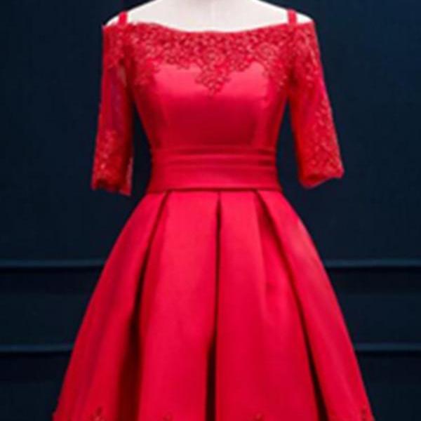 Half Sleeves Lace Light Red Satin Lace Up Cocktail Dresses,modest ...
